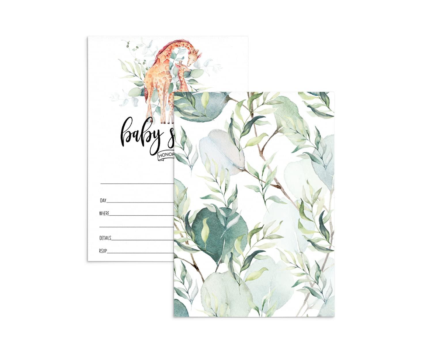 Giraffe Baby Shower Invitations Gender Neutral (25 Pack) Blank Invites for Reveal Parties – Greenery Theme Boy or Girl – Handwrite Party Details on Printed Invitation with Envelope Set 5x7