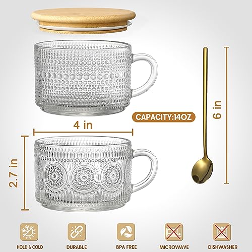 4pcs Set Vintage Coffee Mugs, Overnight Oats Containers with Bamboo Lids and Spoons - 14oz Clear Embossed Glass Cups, Cute Coffee Bar Accessories, Iced Coffee Glasses, Ideal for Cappuccino, Tea, Latte
