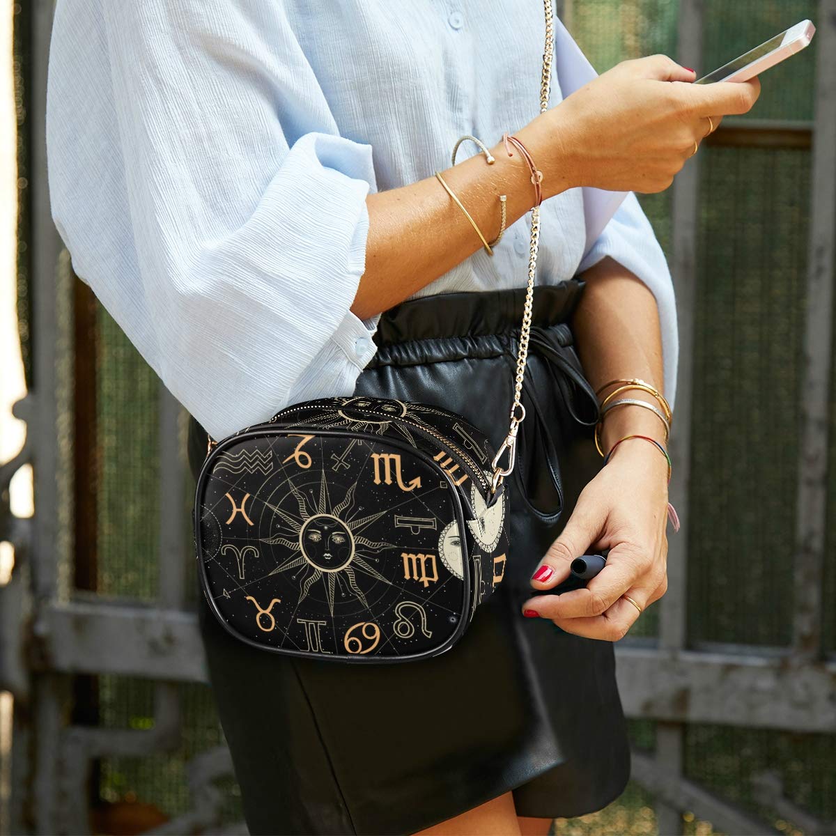 ALAZA PU Leather Small Crossbody Bag Purse Wallet Horoscope Circle With Zodiac Signs Sun Moon And Stars Cell Phone Bags with Adjustable Chain Strap & Multi Pocket