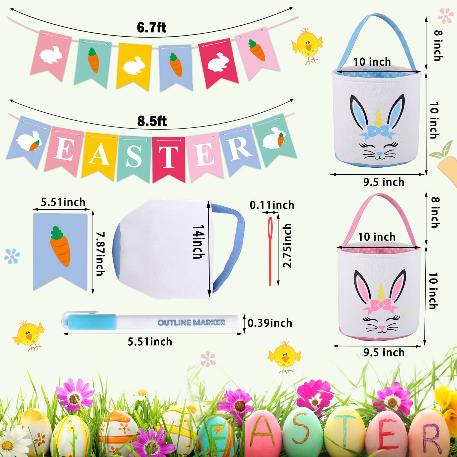2PCS Large Easter Basket Empty for Teens Boys Girls Kids + Easter Banner + Pen, Bunny Personalized Easter Basket for Candy Stuffers Gifts Toys Egg Hunt Tote Bag Bucket, Party Favors Easter Basket Bulk