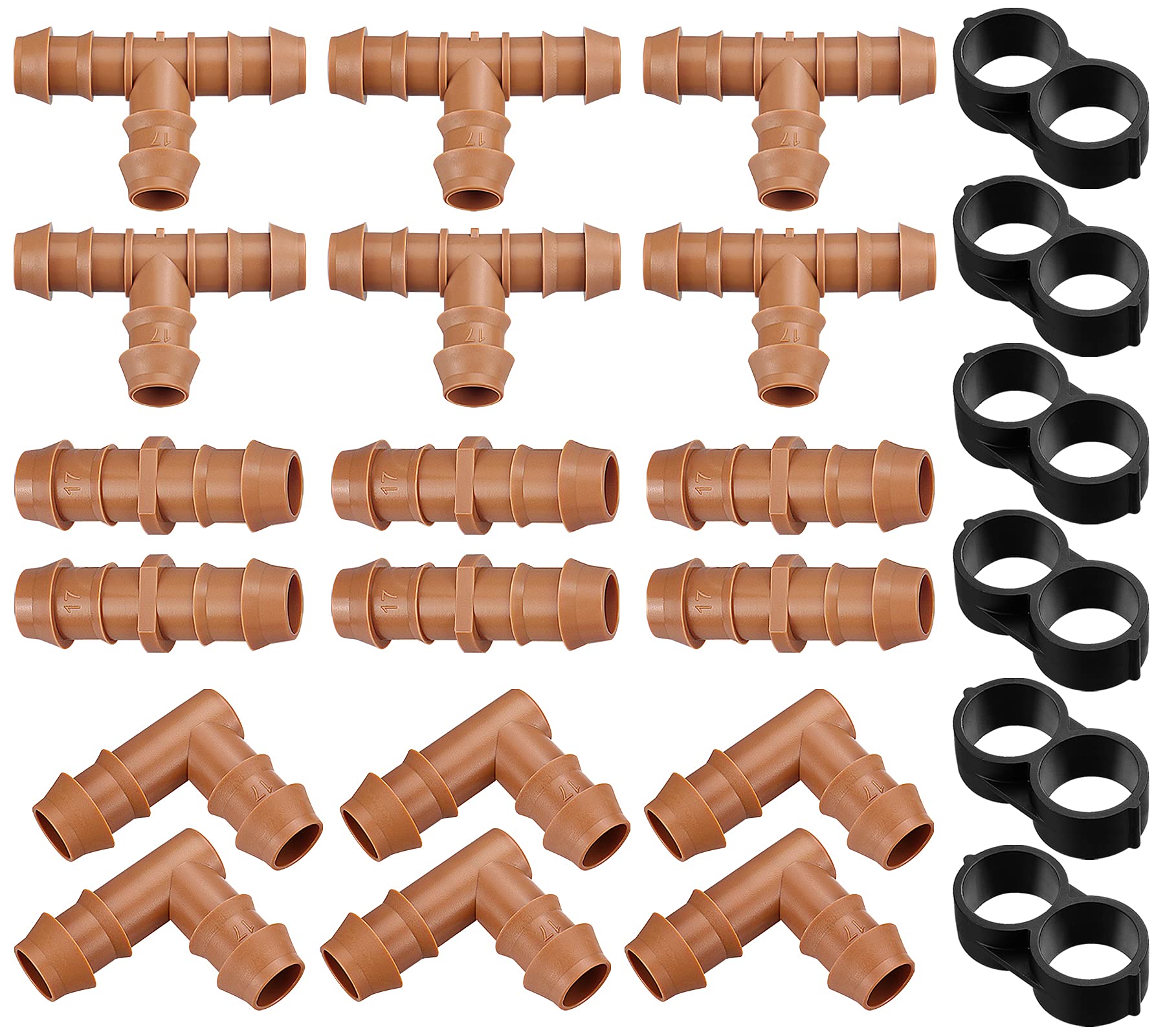 JOYPRO Drip Irrigation Fittings Kit for 1/2 inch Tube (0.600”ID), 24 Pieces Drip Irrigation Parts Set - 6 Tees, 6 Couplings, 6 Elbows, 6 End Caps, Drip Line Connectors for Drip Sprinkler Hose