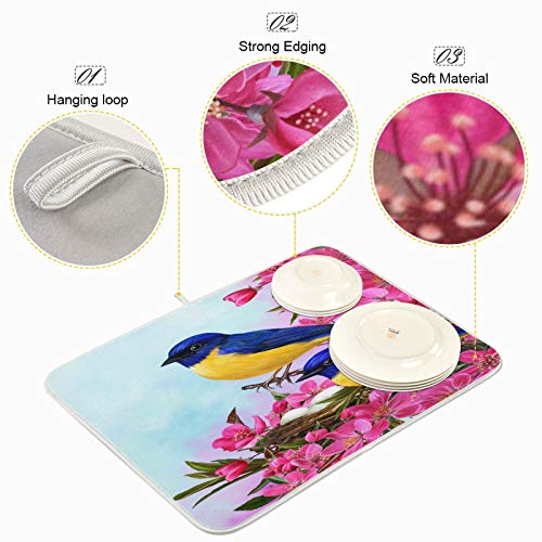Animal Bird Flower Floral Dish Drying Mat 24"x18" Absorbent Machine Washable Hanging Fast Dry Pad Dish Protective Mat for Kitchen Countertop Heat Resistant Dinner Table Mat
