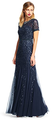 Adrianna Papell Women's Short-Sleeve Beaded Mesh Gown, Navy, 8