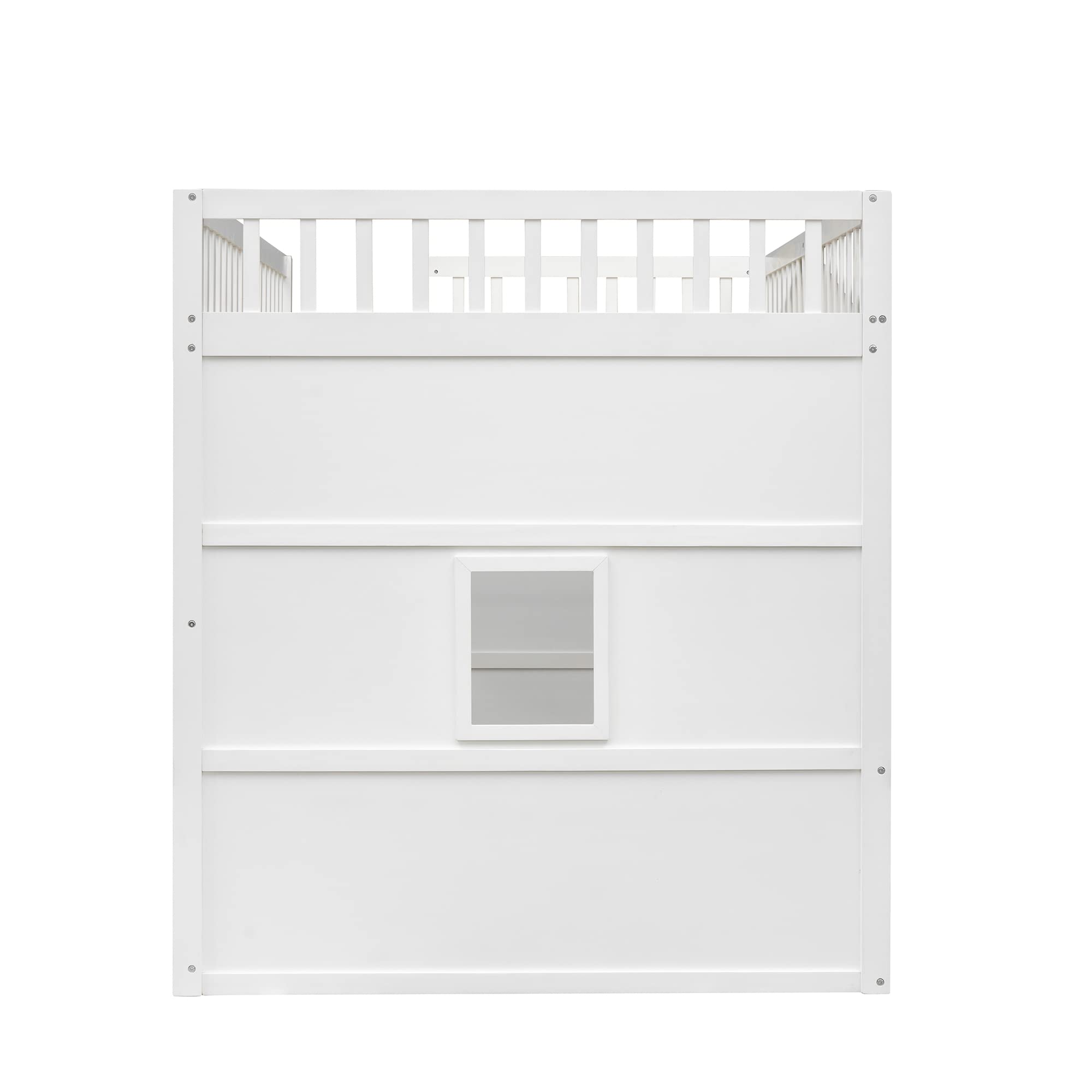 Full Size House Loft Beds Wood Loft Bed Frame with Window and Wall Fun Playhouse Bed with Ladder for Kids Boys Girls Teens, White with Gray
