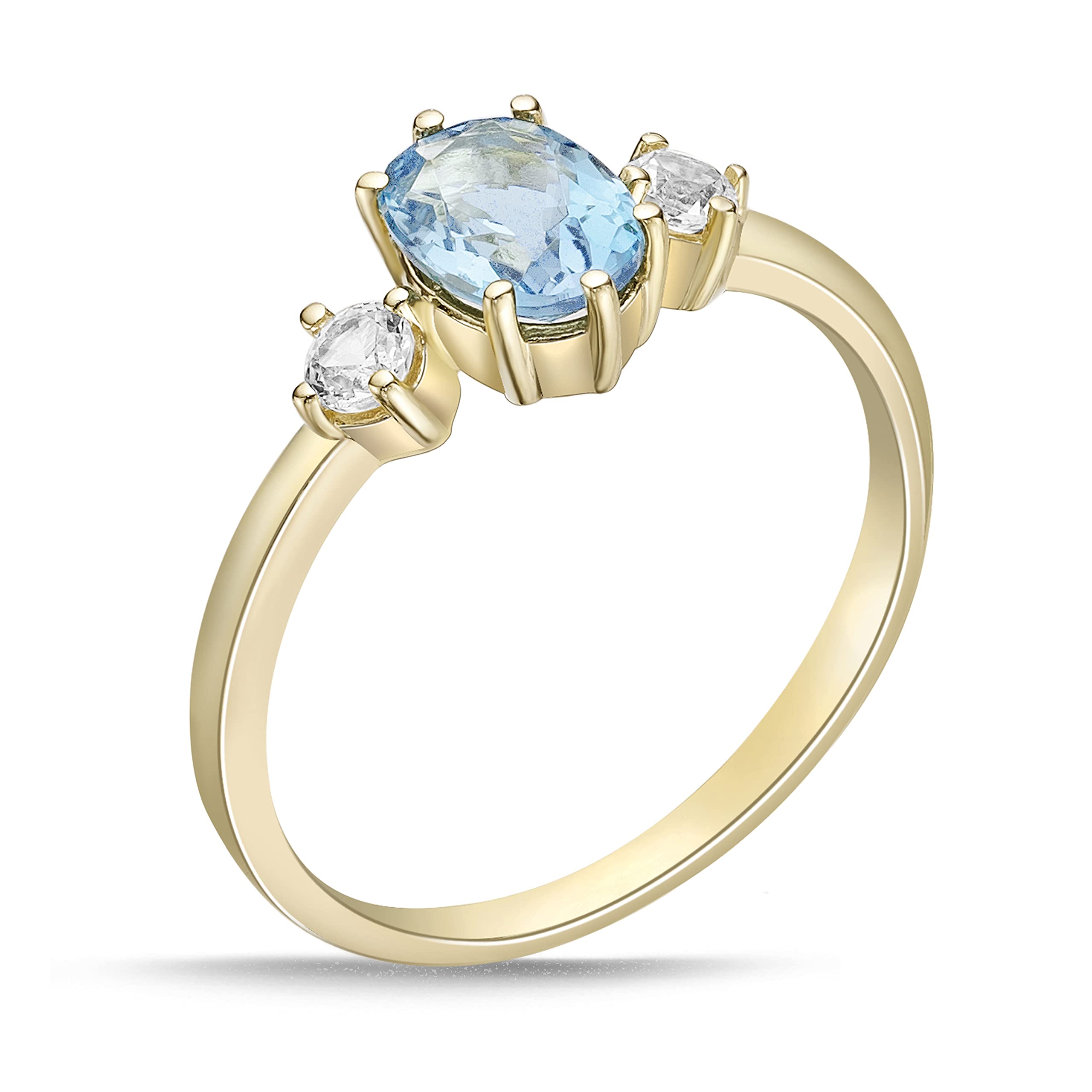 14K Yellow Gold Plated .925 Sterling Silver Oval Cut Created Aquamarine & Created White Sapphire Three Stone Ring - March Birthstone - Size 7