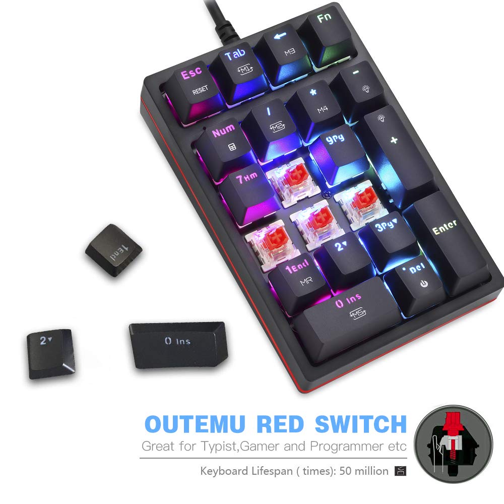 MOTOSPEED Macro Mechanical Numeric Keypad USB Wired 21 Keys Mini Numpad Portable Keypad RGB Backlight Gaming Keypad Extended Layout for Cashier(Fully Programmable Keys)