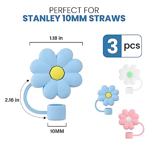 3PCS Straw Covers for Stanley Tumbler, Silicone Straw Cover for Stanley 40 oz, 30 oz, Straw Topper for Stanley Cup, Cap for Stanley Straw Accessories, Straw Cap (Flower)