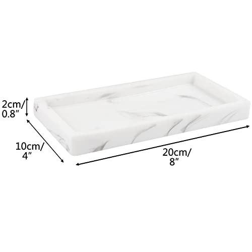 PLYFUNS Vanity Tray, Mini Bathroom Kitchen Resin Vanity Tray Cosmetic Organizer Jewelry Ring Dish Holder for Towel/Plant/Jewelry - White Marble
