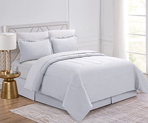Cathay Home Basic Bedding Home Essential Ultra Soft Light Weight 8PC Wrinkle Resistant Microfiber Bed in a Bag Set (Includes Complete Sheet Set, Comforter Set & Bedskirt) - Full, White