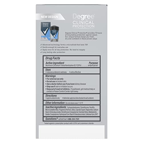 Degree Men Clinical Protection Antiperspirant Deodorant 72-Hour Sweat & Odor Protection Clean Prescription-Strength Antiperspirant For Men with MotionSense Technology 1.7 oz, Pack of 2