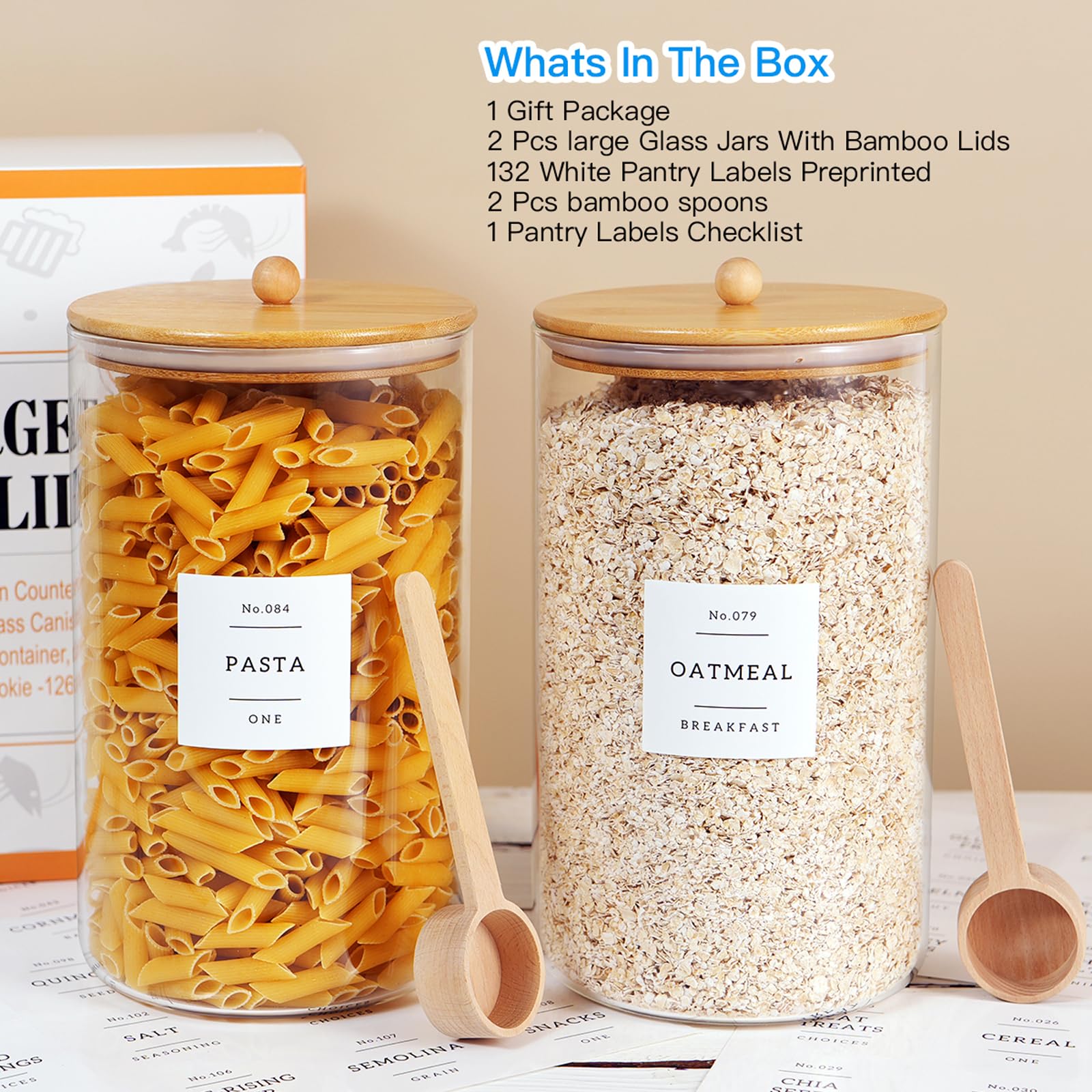 2 Pcs Large Jar with Lid for Kitchen Counter with 132 Pantry Labels and Spoon,Glass Canister Food Storage Container, Flour Container, Kitchen Storage Jars for Candy, Cookie (100oz X 2)