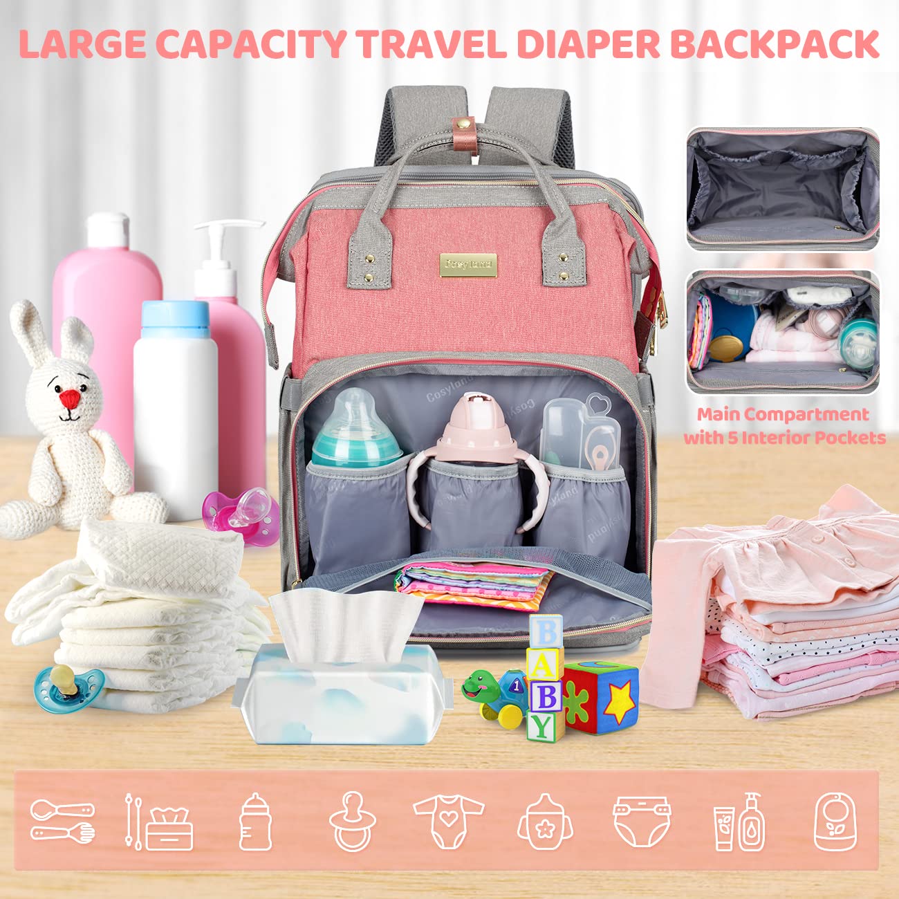 COSYLAND Diaper Bag Backpack Large Capacity Baby Bag for Boy Girl Water-repellent Multifunction Travel Back Pack with Changing Pad & Stroller Straps for Mom Dad, Pink/Grey