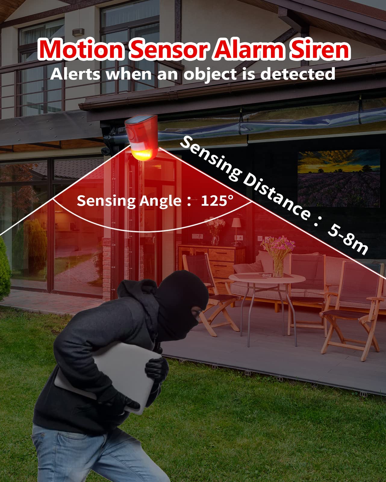 ChunHee Solar Sound & Light Alarm Outdoor Motion Sensor 129db Siren Sound Alert & 6LEDs Flash Warning Security Alarm System for Villa, Farm, Chicken Coop,Yard, Garden