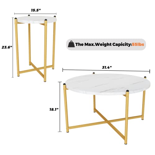 AWQM Faux Marble Coffee Table Set of 3, 1 Coffee Table & 2 Sofa Table, Round Tabletop and Metal Cross Base Frame,Perfect for Living Room Apartment, White & Gold