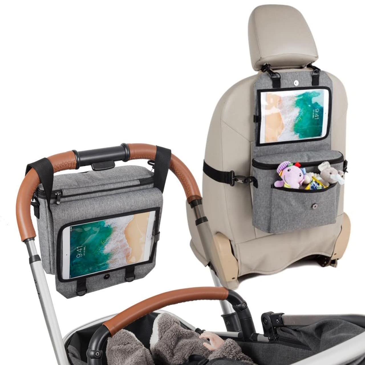 TEKIN Kids Car Seat Organizer with iPad Holder Backseat Car Organizer for long Trips for Kids Stroller Organizer Bag with Tablet Holder, Car Travel Accessories Kids Essentials Organizer Bag -Gray