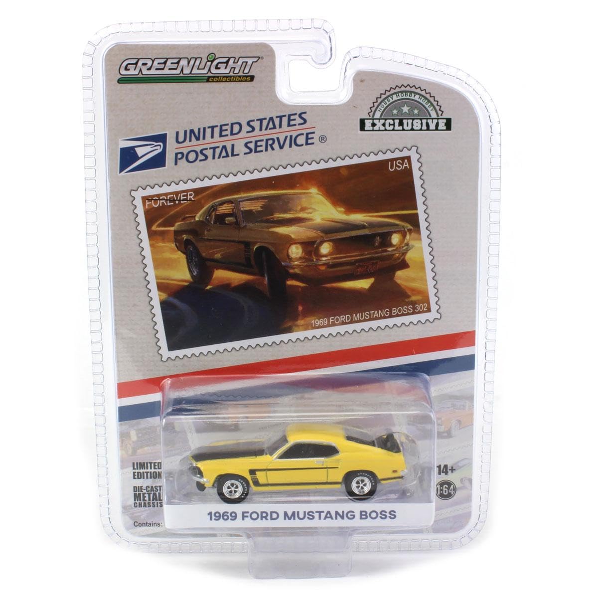 1969 Boss 302 Yellow with Black Hood and Stripes 2022 Pony Car Stamp Collection Hobby Exclusive Series 1/64 Diecast Model Car by Greenlight 30373