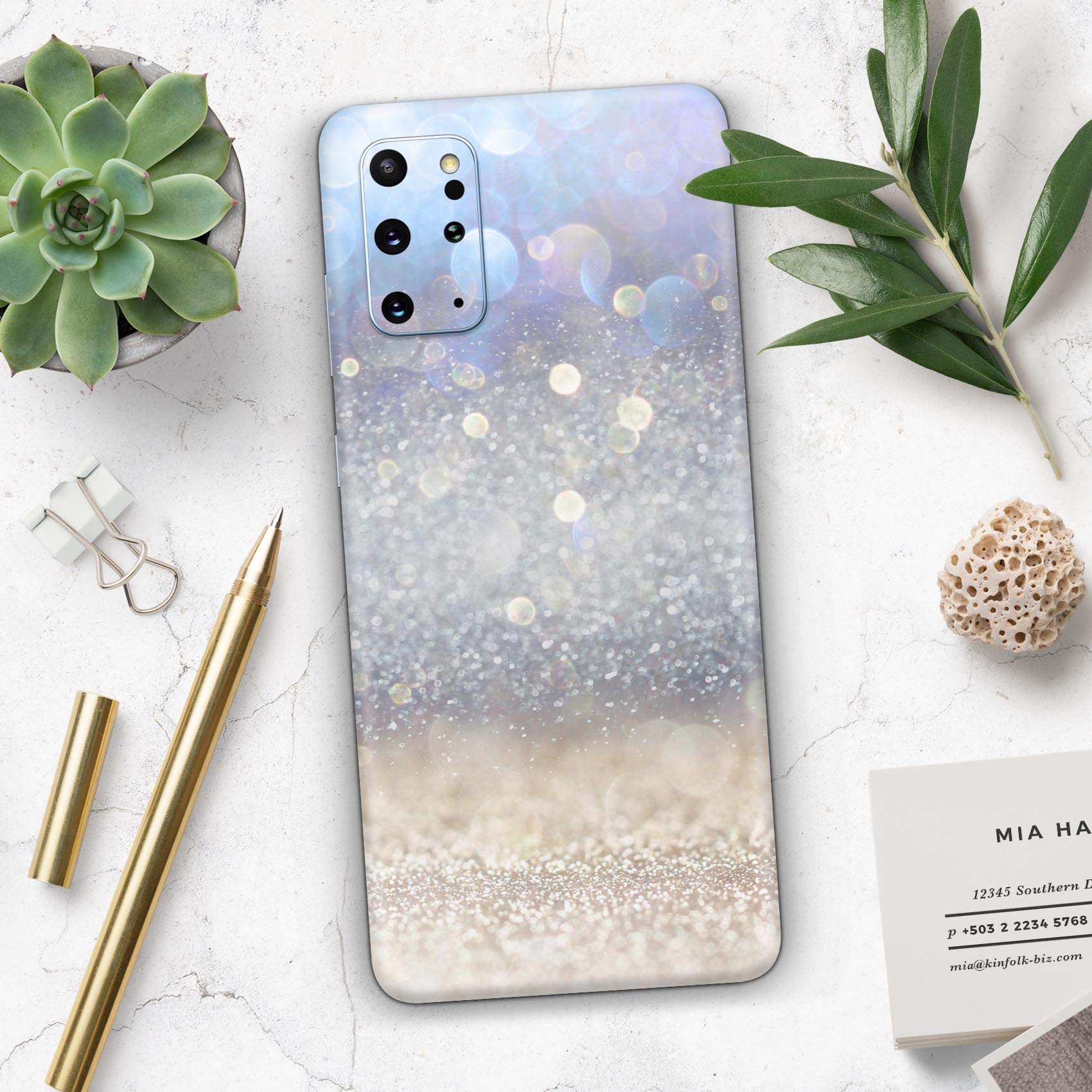 DesignSkinz Light Blue and Tan Unfocused Orbs of Light Protective Vinyl Decal Wrap Skin Cover Compatible with The Samsung Galaxy S20 (Screen Trim & Back Glass Skin)