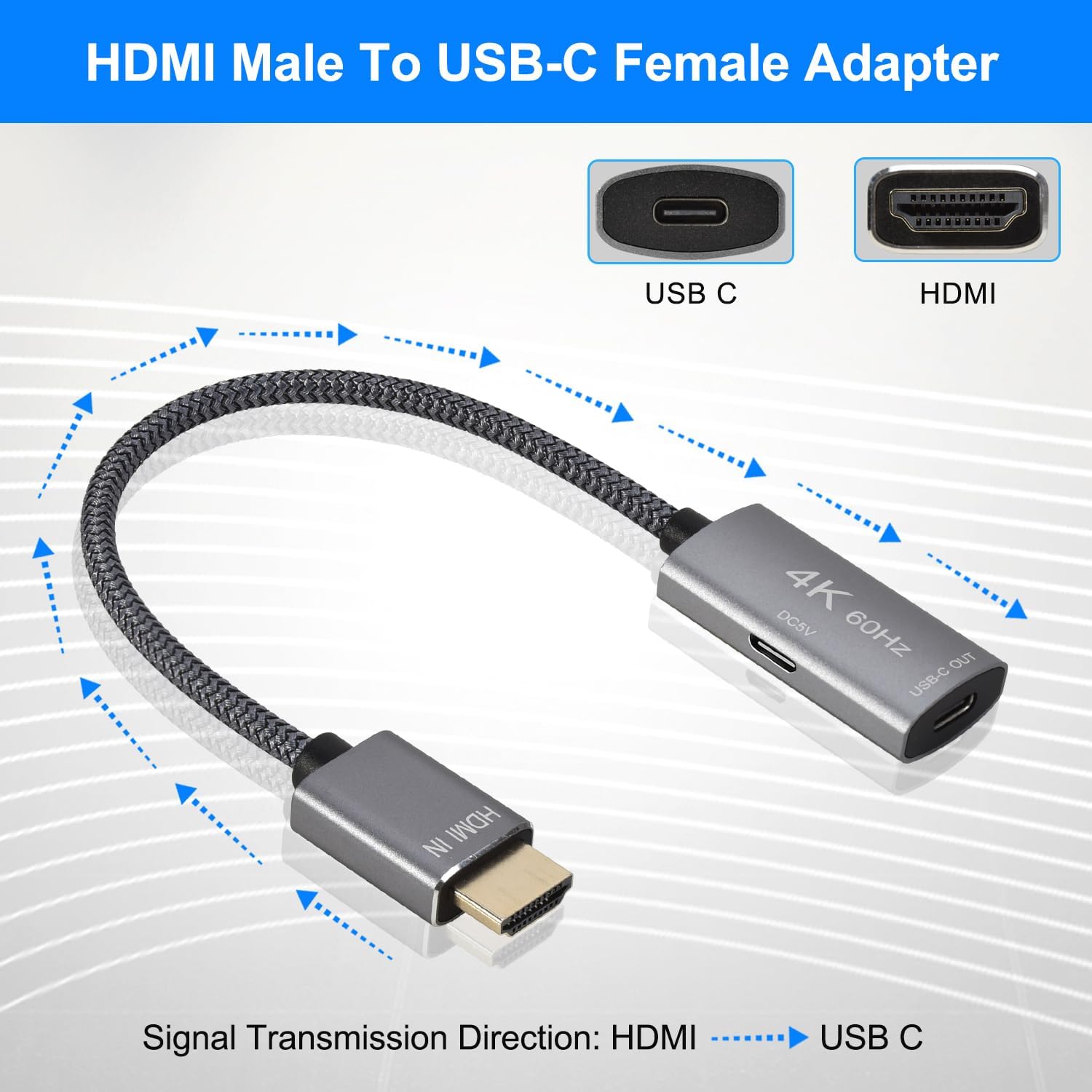 HDMI Male to USB-C Female Cable Adapter with USB C Power Cable,Uni-Directional HDMI (source) to Type C 3.1 (display) Converter,4K 60Hz Thunderbolt 3 Adapter for MacBook Pro,Microsoft Surface,Xreal Air