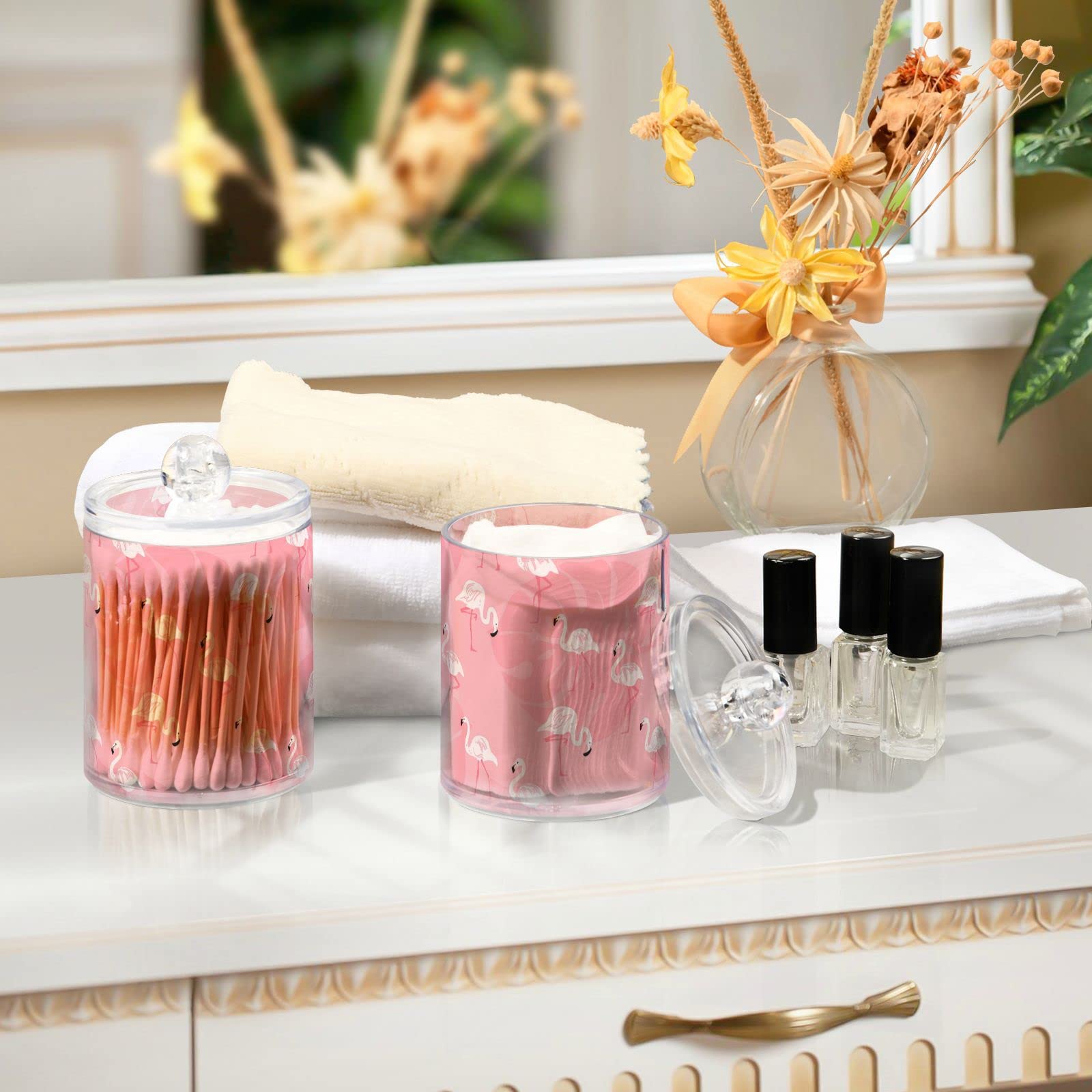 Kigai 2PCS Pink Flamingos Qtip Holder Dispenser with Lids - 14 oz Bathroom Storage Organizer Set, Clear Apothecary Jars Food Storage Containers, for Tea, Coffee, Cotton Ball, Floss