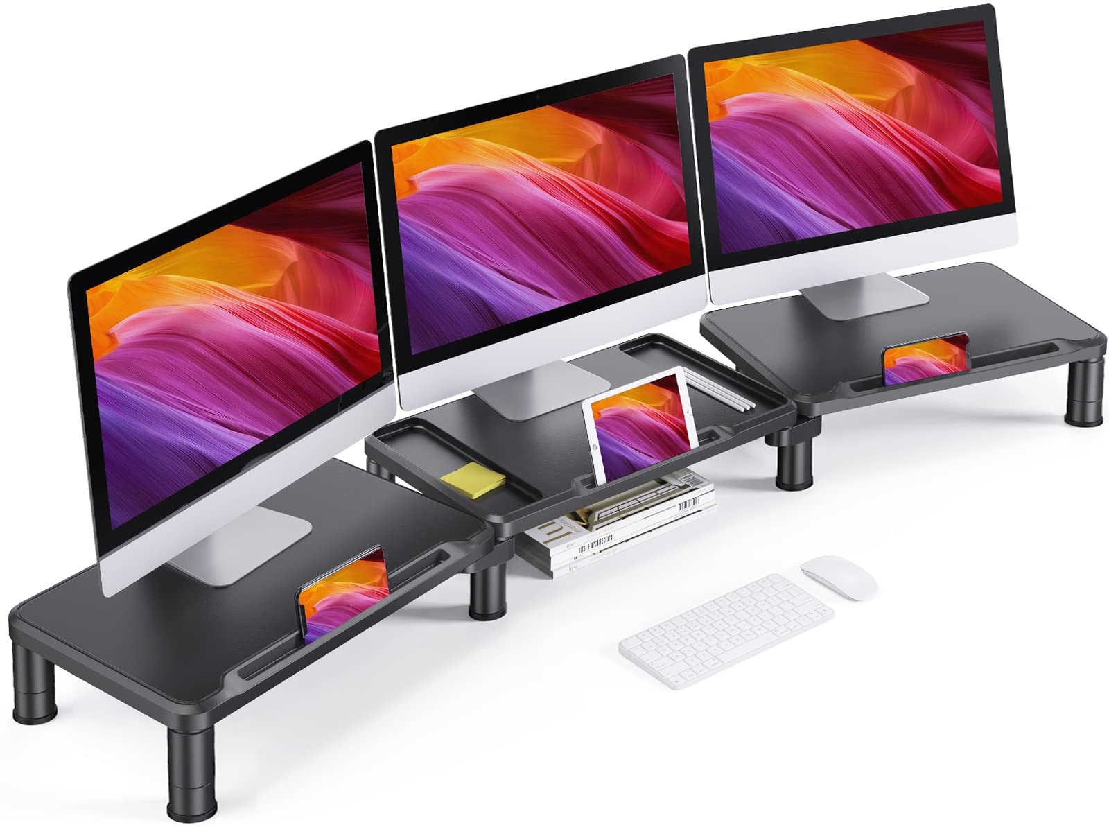 AMERIERGO Triple Monitor Stand, Dual Monitor Stand with Angle Adjustable, Dual Monitor Riser with 3 Slots for Tablet & Cellphone, Desktop Computer Stand for Monitor/Laptop/Printers/PC