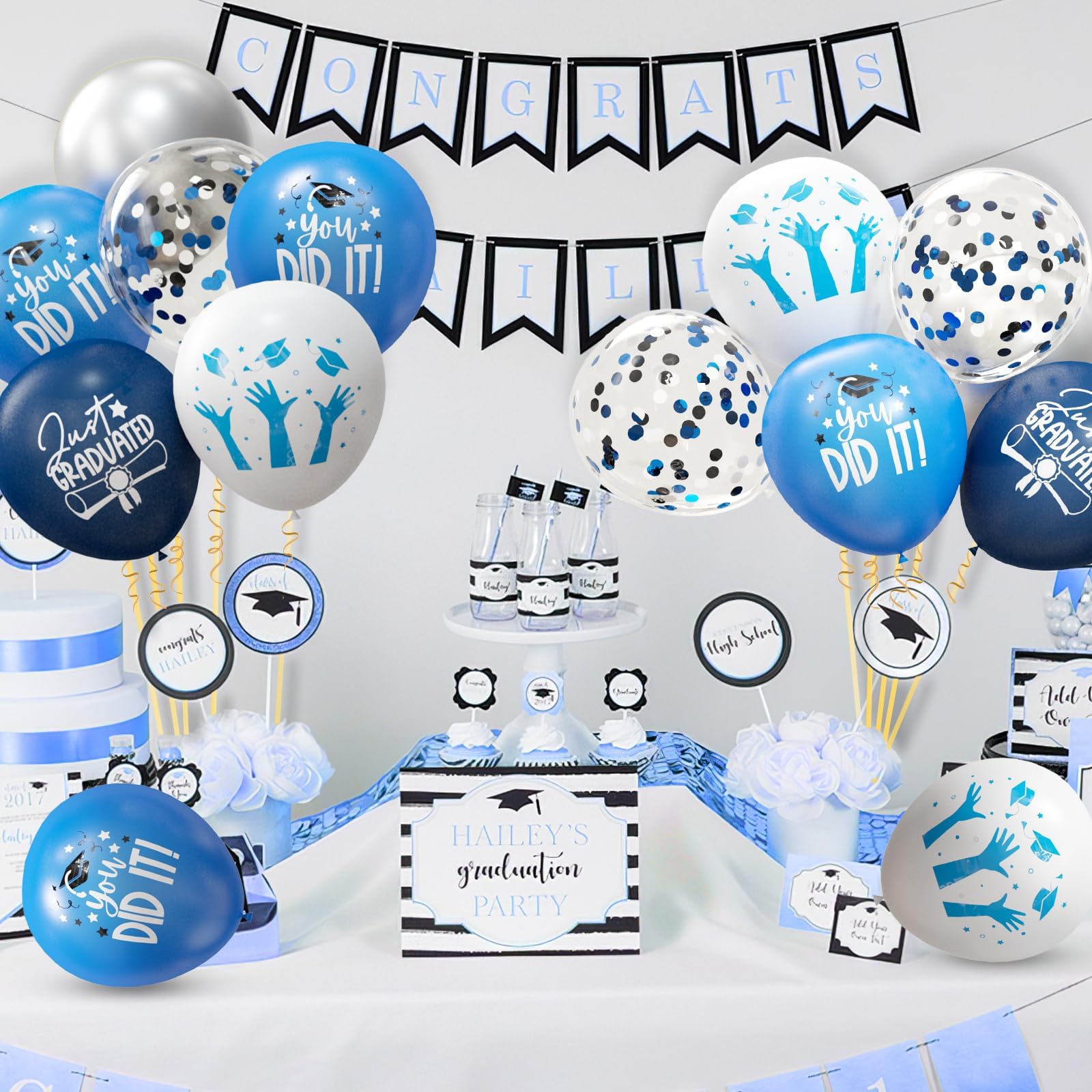 2024 graduation party decorations, 70pcs graduation balloons blue and white graduation decorations for college high school class of 2024 congrats grad party decor