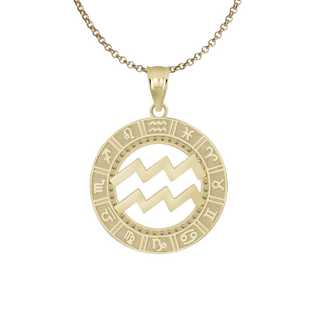 14k Aquarius Yellow Gold Zodiac Sign Constellation Horoscope Symbol Pendant Necklace With Chain