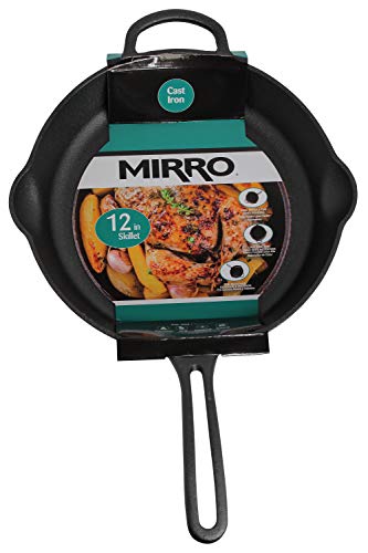 Mirro MIR-19053 12" Pre-Seasoned Ready to Use Round Cast Iron Skillet with Helper Handle, Black