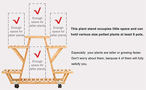 Bamboo Rolling 6 Tier Plant Stand Rack Multiple Flower Pot Holder Shelf Indoor Outdoor Planter Display shelving unit for Patio Garden Corner Balcony Living Room