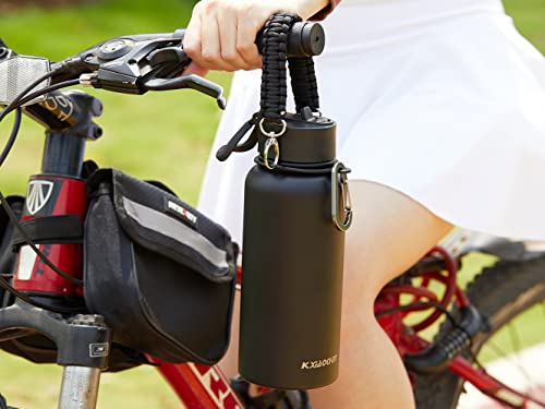 32 oz Insulated Water Bottle with Paracord Handles & Strap, 2 Lids(Straw Lid&Spout Lid), Stainless Steel Reusable Wide Mouth Metal Water Bottle With Straw, Double Walled, Thermo Mug(Black)