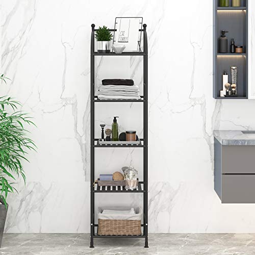 FKUO 5 Tier Bathroom Storage Open Shelf Unit, Free-Standing Metal Corner Rack Shelving for Kitchen, Living Room, Hallway (Black, 5 Tier)