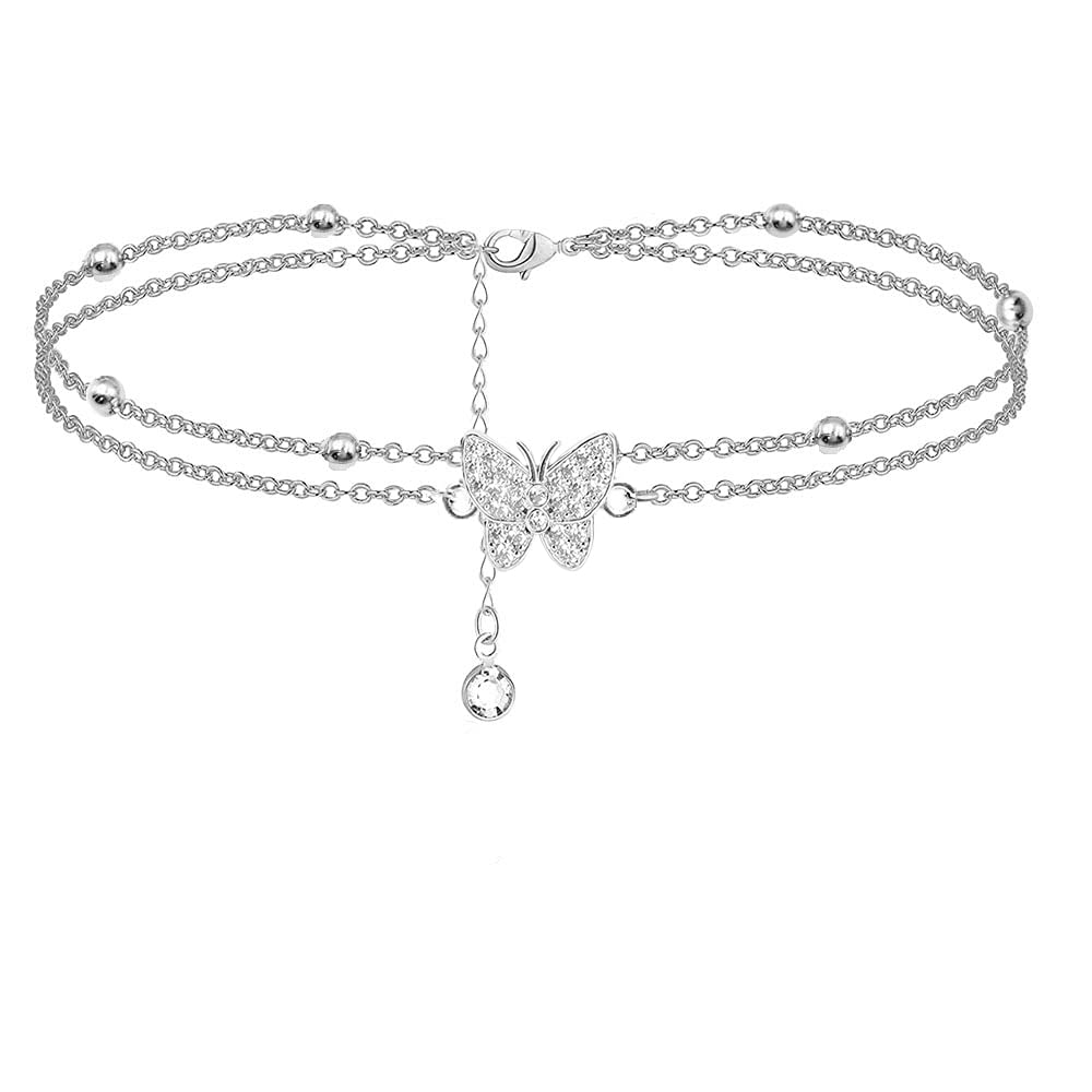 14K Butterfly Silver - Adjustable Layered - Jewelry Anklet Gifts for Women Teen Girls