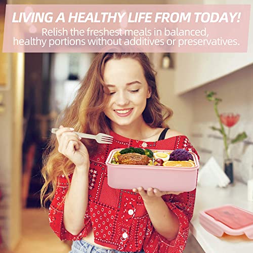 Porzu Bento Lunch Box, 1400 ML Lunch Box Meal PrepFor Kids & Adults,3 Compartments Portable Food Container with Utensil (Pink)