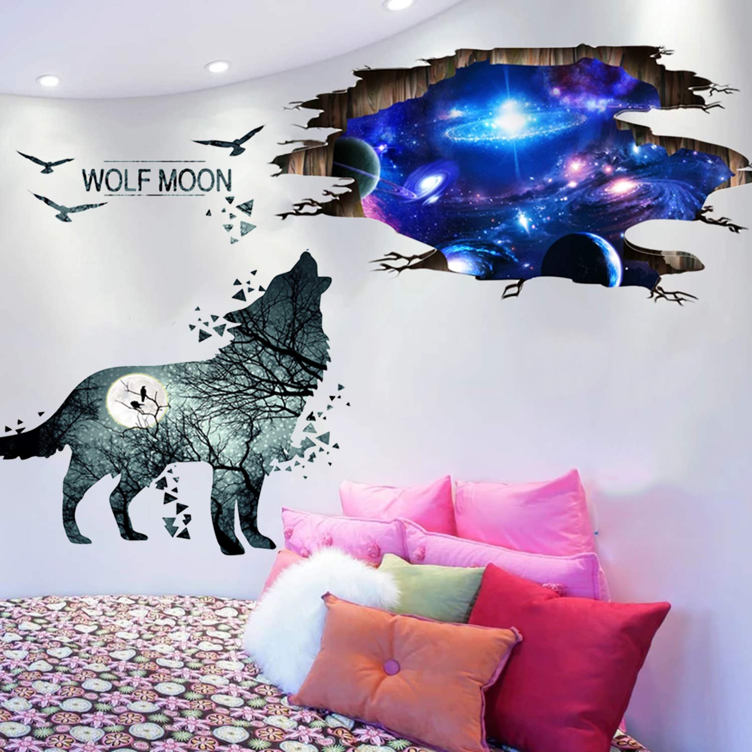 AMODA 3D Galaxy Outer Space Wall Decor,Self-Adhesive Wolf and Moon Sofa Backdrop TV Background Wall Decors,Creative Broken Wall Art Mural for Teen Bedroom Living Room Nursery Playroom