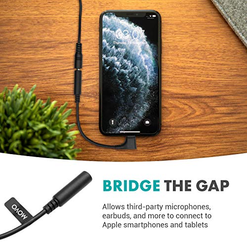 Movo IMA-3 Female 3.5mm TRRS Microphone Audio Adapter Cable to Right-Angle Lightning Connector Dongle - Headphone Jack Adapter Compatible with Apple iPhone and iPad - Great Lightning Adapter for Mics