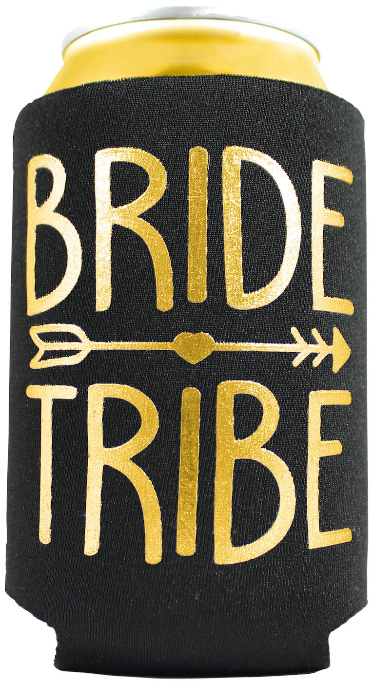 11pc Set. Bride Tribe and Bride Drink Coolers for Bachelorette Party, Bridal Shower and Wedding. 4mm Thick Bottle Sleeves, Can Coolies, Beverage Insulators (11pc Set, Black & Gold)