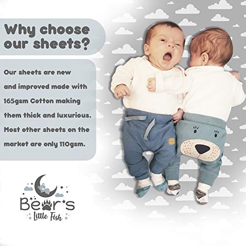 Bear's Little Fish 3-Pack of Moses Basket Sheets |100% Hypoallergenic Jersey Cotton |Gender Neutral Grey and White for Baby boy or Girl |Fitted Crib Sheets for Oval, Hourglass and Rectangular Mattress