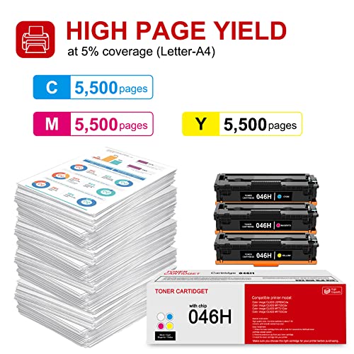 3 Pack 046H C/M/Y Toner Cartridge: Compatible 046H CRG046H 1253C001 1252C001 1251C001 Toner Cartridge Replacement for Canon Color Image Class LBP654Cdw MF735Cdw MF731Cdw MF733Cdw Printer