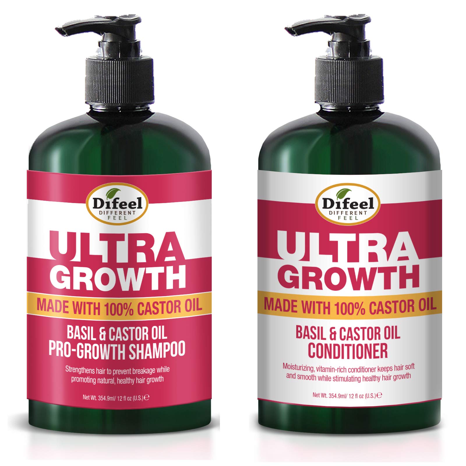 Difeel Ultra Growth Shampoo and Conditioner Set - Includes 12 oz Each of Shampoo and Conditioner, Promotes Growth, Ideal for Thinning Hair, Basil Scent, 2 Count