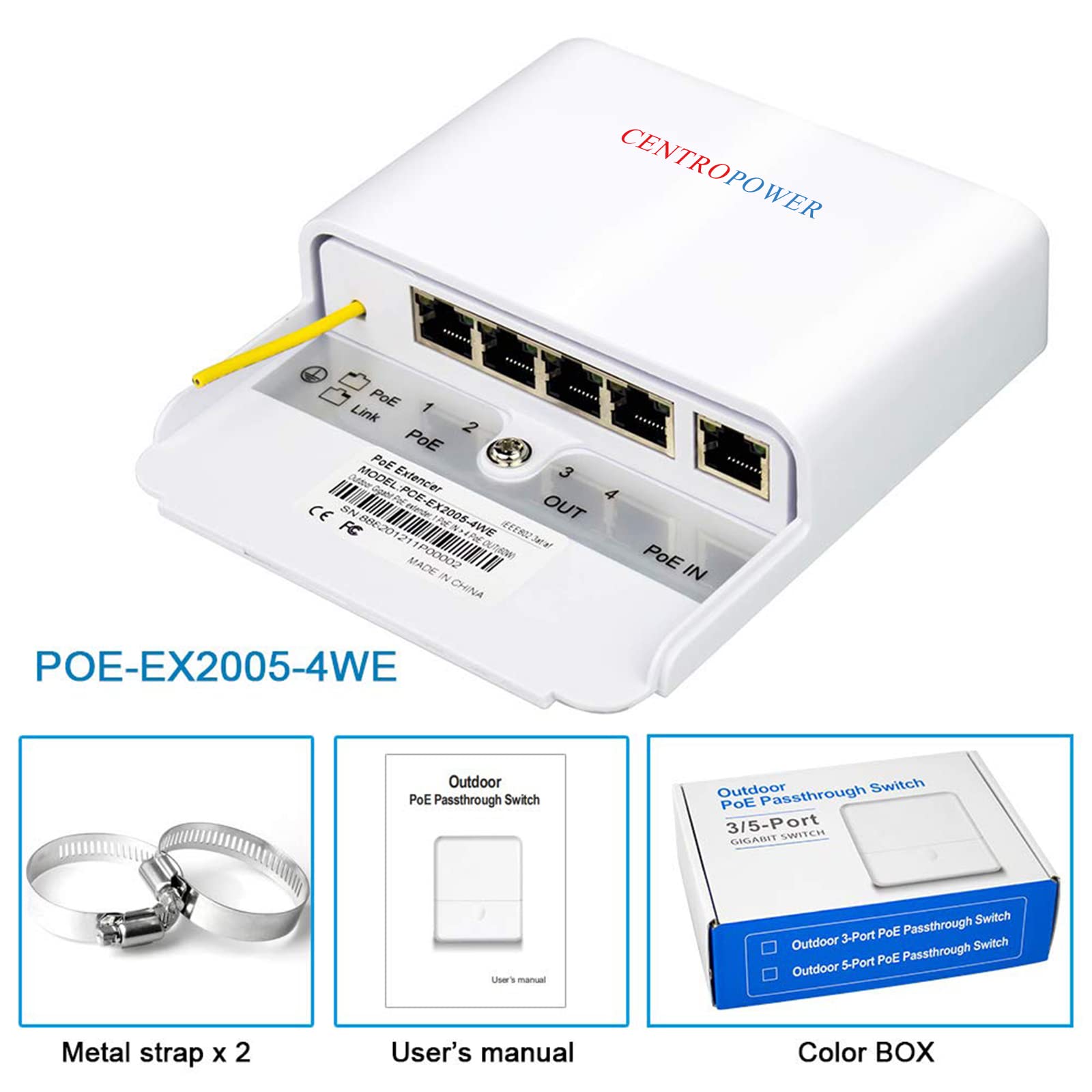 Outdoor 5 Port PoE Switch/Extender/Booster, 60W 48V 10/100/1000M POE Passthrough Switch Outdoor Ethernet Extender,PoE Repeater,6KV Lightning Protection, IEEE 802.3af/at/bt, by CENTROPOWER