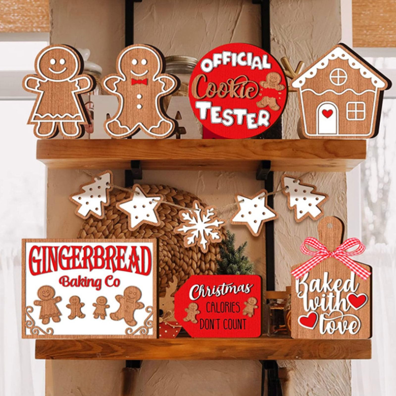 12PC Christmas Tiered-Tray-Decor, Wooden Signs Tabletop Gingerbread-Christmas-Decor for Christmas Party Home Kitchen