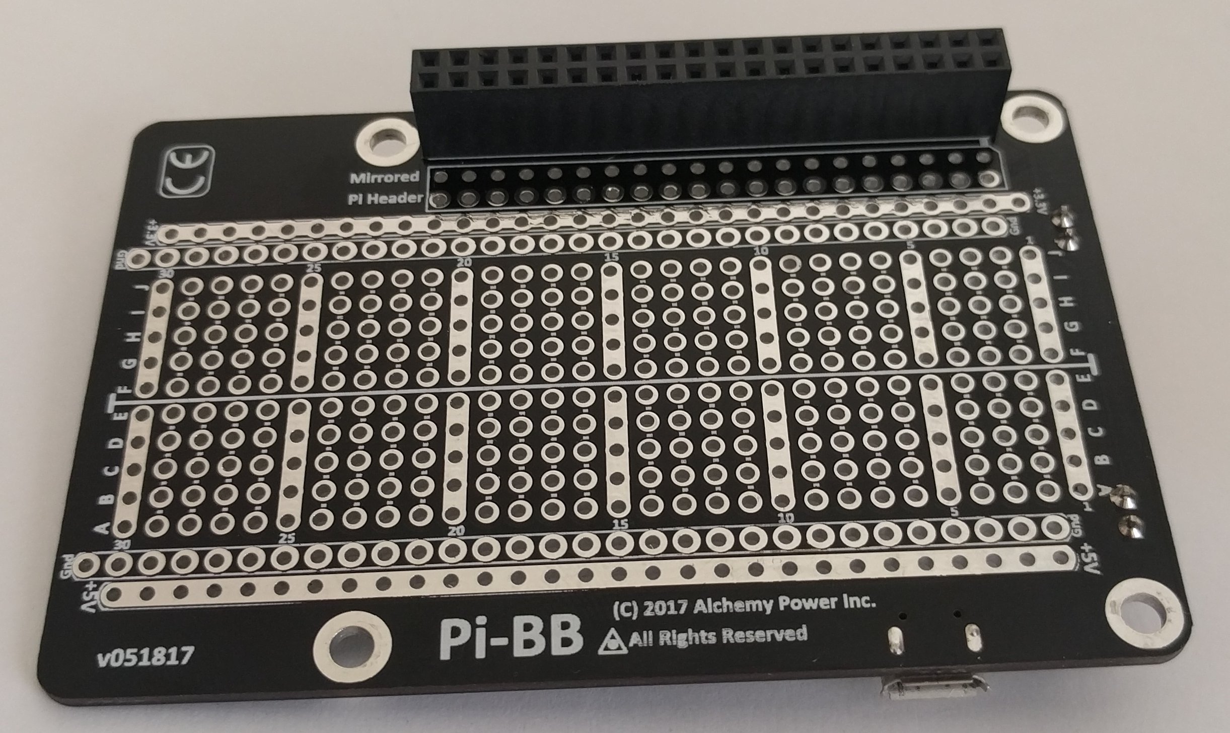 Alchemy Power Inc. Pi-BB - Half-Size Double Sided Powered breadboard, USB Powered with a 40 pin Header soldered. Powers a Raspberry Pi or just The Bread Board.