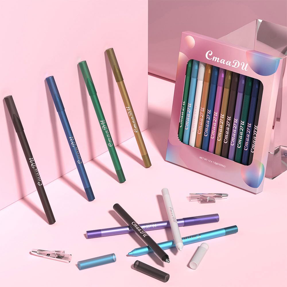 12Pcs Colored Gel Glitter Eyeliner Pencils Set Dark Light Emerald Green Sky Royal Blue Black White Pink Purple Brown Gold Eyeliner Pencils Eye Liner Liquid Liner Waterproof Smudge Proof delineadores
