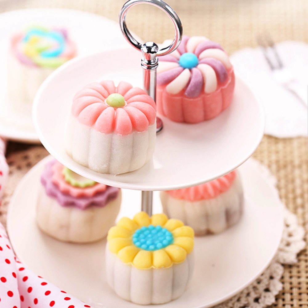 2 Sets Mooncake Mold Press 50g with 11 Stamps, SENHAI Flower and Triangle Shape Decoration Tools for Baking DIY Cookie - White