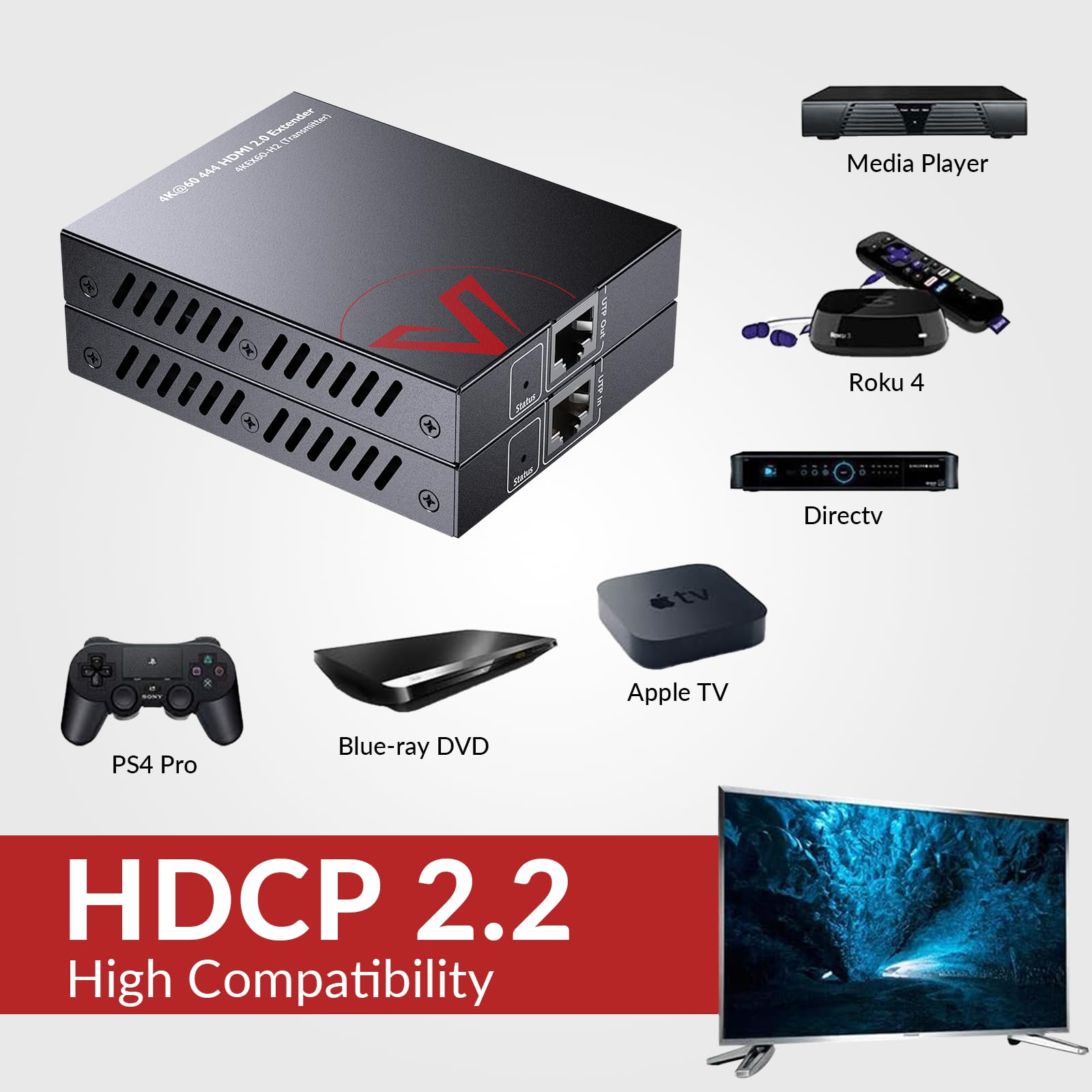 AV Access 4K HDMI Extender Over Cat5e/6/6a/7 4K@60Hz up to 115ft, 1080P up to 164ft, HDR10+, HDMI 2.0 YUV4:4:4, HDCP 2.2, 18Gbps, Plug & Play, IR Return & PoE, Smart EDID