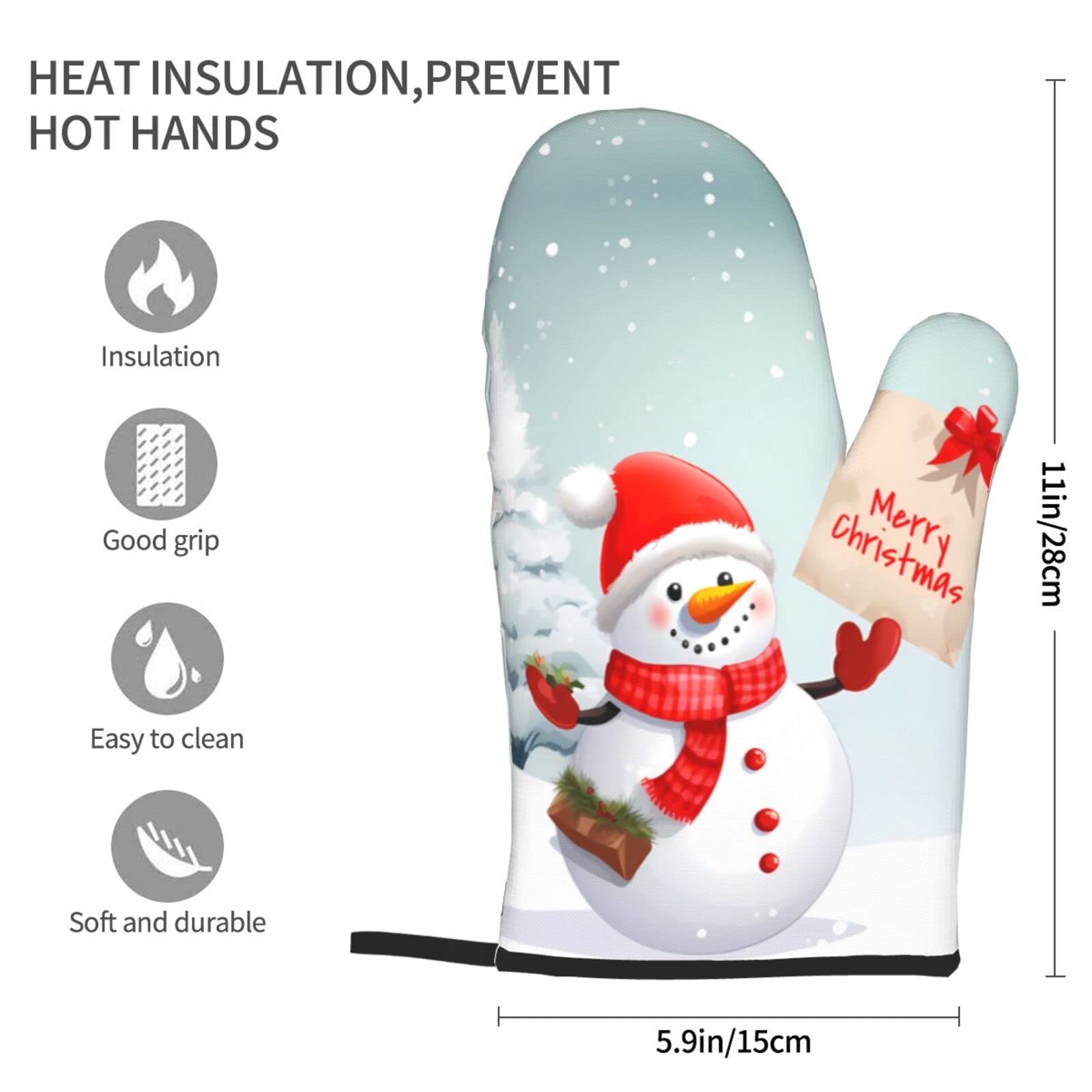 2 Piece Set Oven Mitts, Winter Snowman Cartoon Style Merry Christmas Baking Glove for Cooking BBQ
