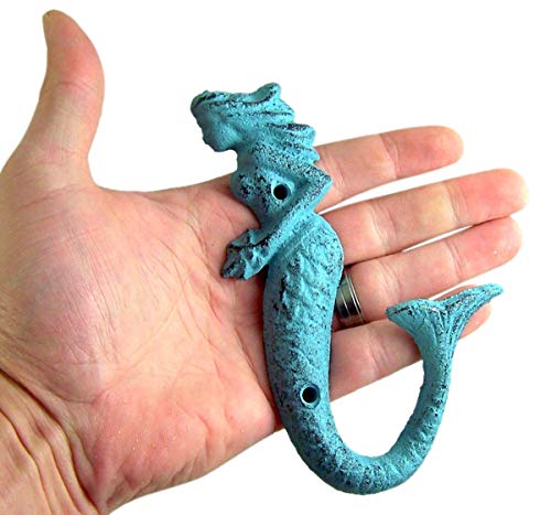 Aqua Blue Cast Iron Mermaid Wall Hook 5 3/4 Inch (Set of 4)