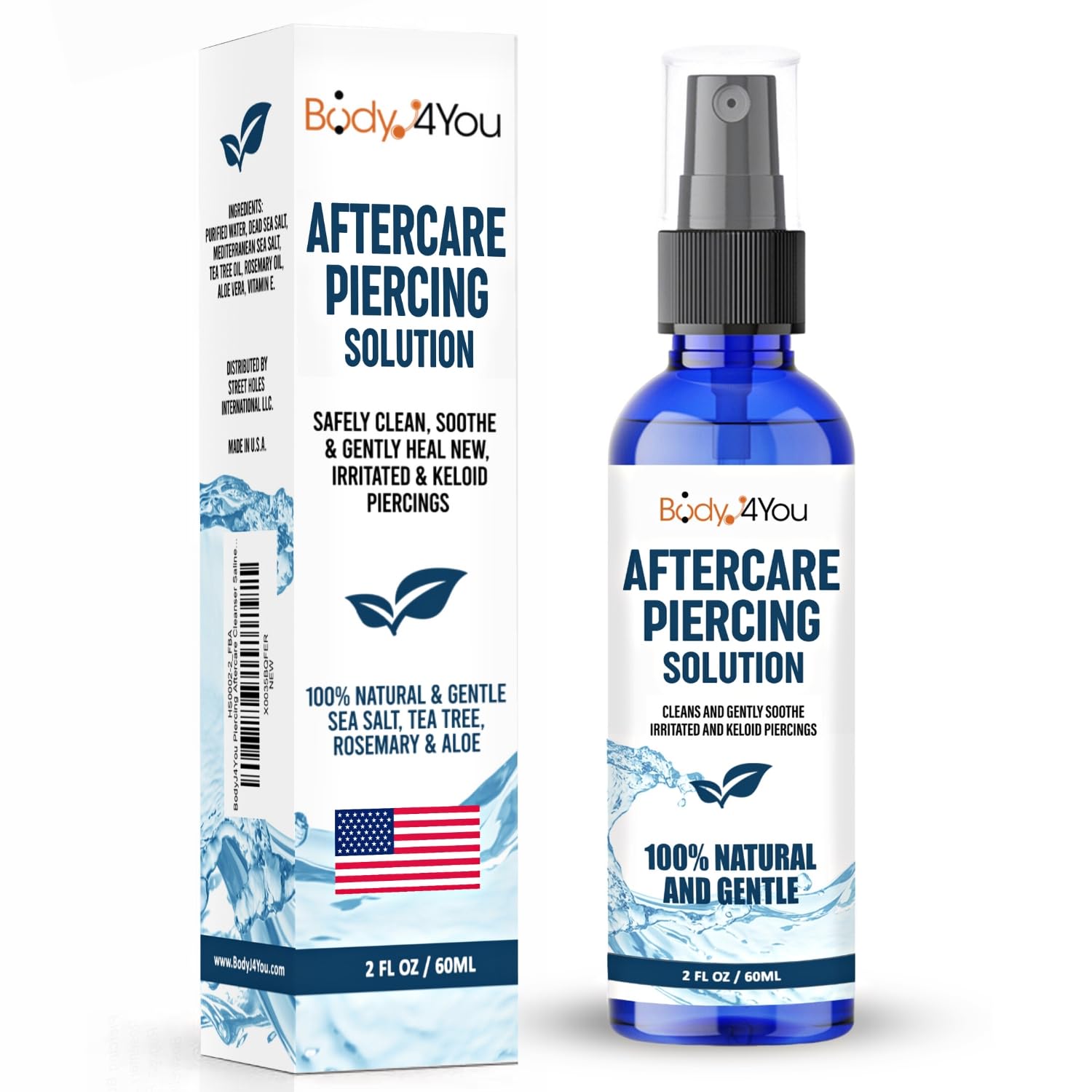 BodyJ4You Piercing Aftercare Spray - Saline Solution Natural Keloid Bump Removal - Ear Piercing Cleaner Nose Septum Belly Button Cartilage - Sea Salt Aloe Vera Rosemary - Fine Mist 2 Fl Oz
