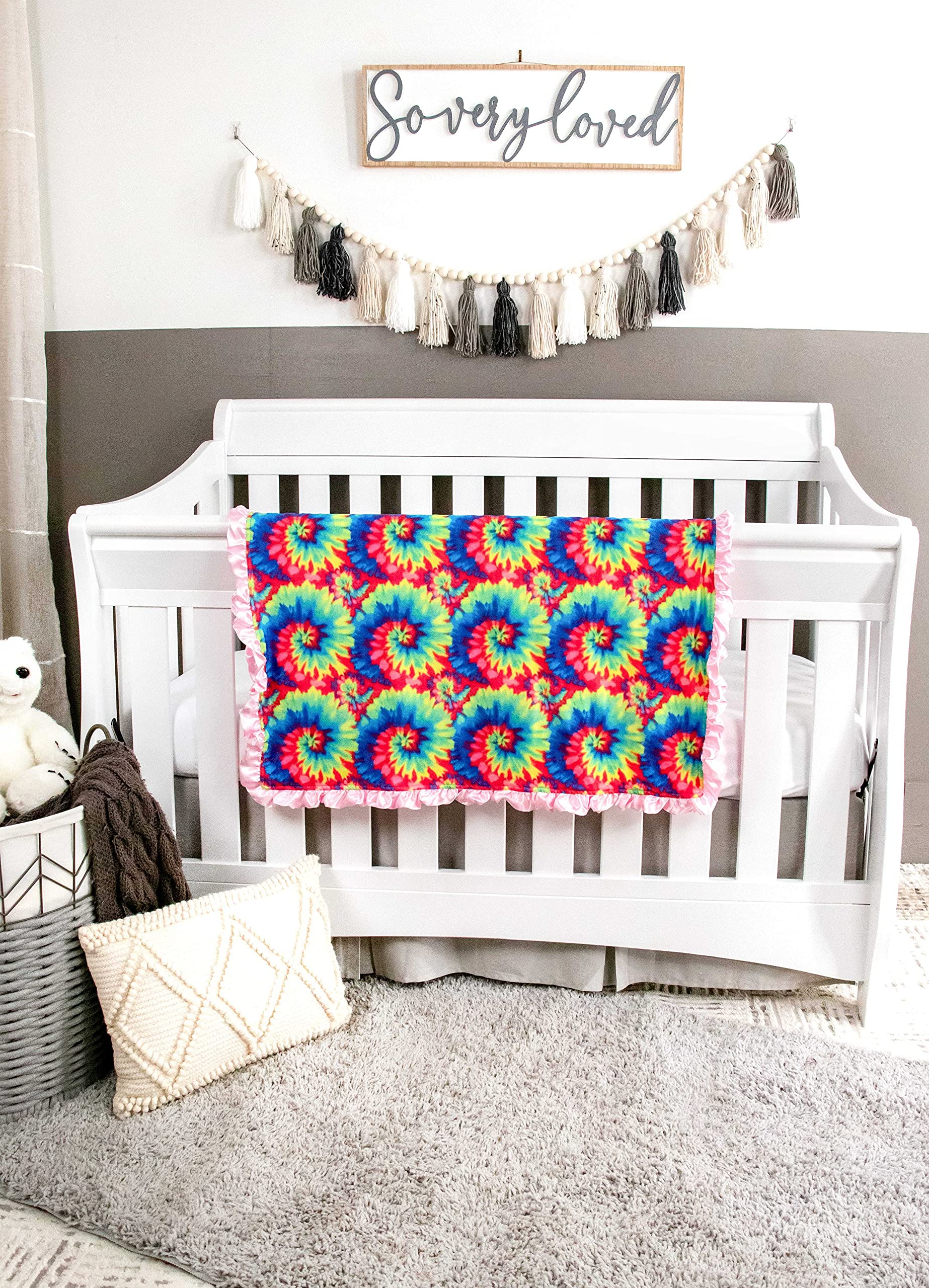 Top Tots Baby Blanket - Tie Dye Pattern with Pink Minky Dot & Satin Ruffle, 31 x 31 Inch Multicolored