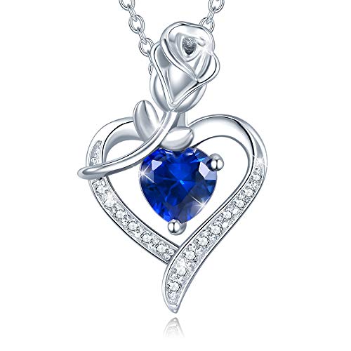 AGVANA September Birthstone Jewelry Sapphire Necklace for Women Sterling Silver Rose Flower Heart Pendant Necklace Fine Jewelry Anniversary Birthday Gifts for Women Girls Mom Wife Lady