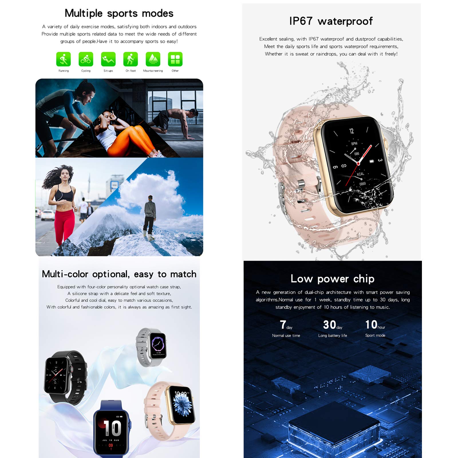 PADY-Wearable Technology D06 Smart Watch Smart Bracelet Fitness Tracker 1.6 inch IPS HD Full Touch Display Bluetooth Call Smartwatches Watch Split Screen Calling Waterproof for Women Men (Black) D6